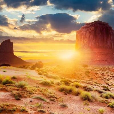 Sunset sun rays desert region red sand sky white clouds Monu - KDE Store