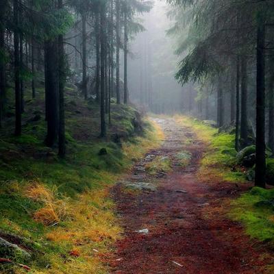 road trees forest fog path - KDE Store