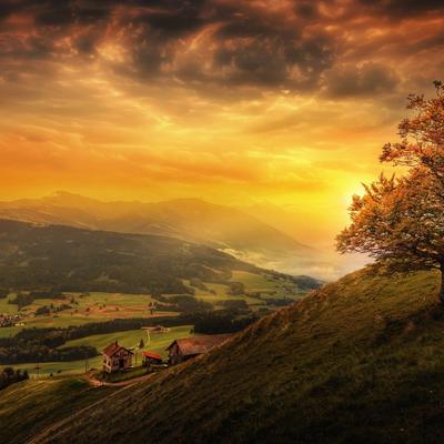 sky meadows clouds trees mountains sunset landscape - KDE Store