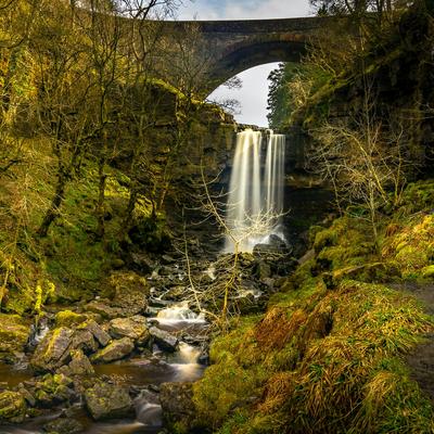 Waterfall Near Bridge Surrounded by Trees hd wall - KDE Store