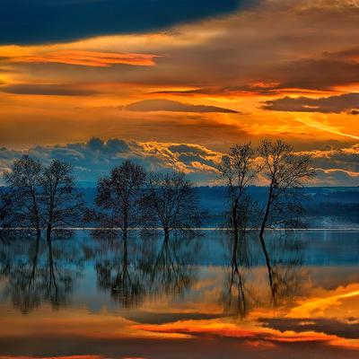 clouds greece lake landscape reflection sky sunset trees hd - KDE Store