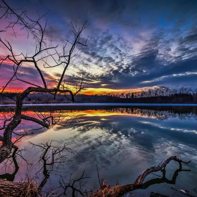 sunset lake reflection dawn cloudy sky - KDE Store