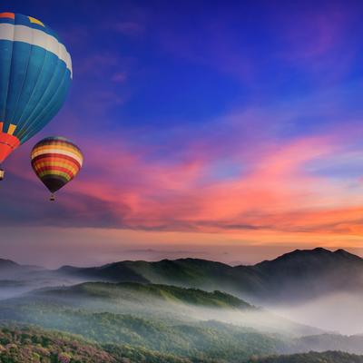 forest mountains fog balloons dawn morning - KDE Store