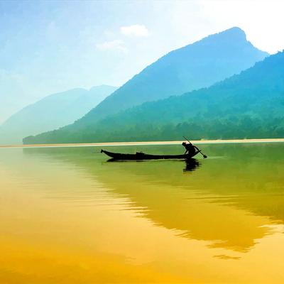 the sky mountains lake reflection boat - KDE Store