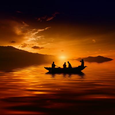 Sunset boat lake mountains silhouette wallpaper background - KDE Store