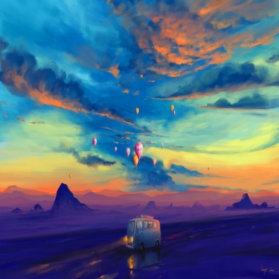 Sunset outdoor van and hot air balloons artwork wallpaper - KDE Store