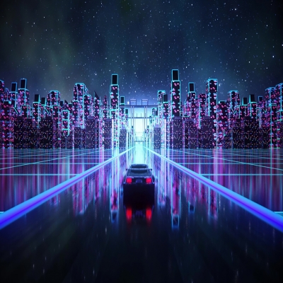 Cyberpunk outrun vaporwave car on road art wallpaper - KDE Store