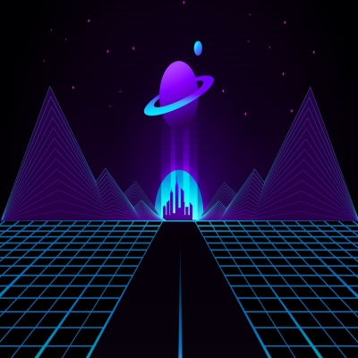 Synthwave planet and city retro wave digital art wallpaper - KDE Store