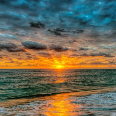 Sunset Sea Ocean Sandy Beach Waves Red Sky Clouds Summer - KDE Store