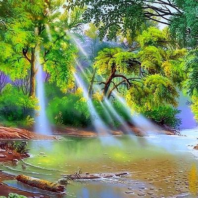 Nature River Trees With Green Leaves Sun Rays Art Hd - KDE Store