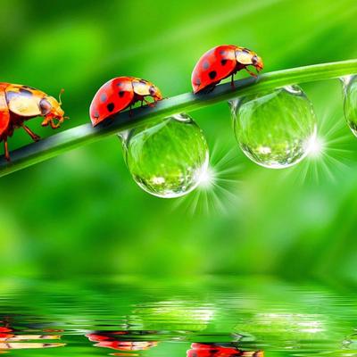Insects Three Red Ladybugs On A Green Twig Water - KDE Store