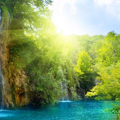 Waterfall Sunlight Rays Sky Green Forest Hd - KDE Store