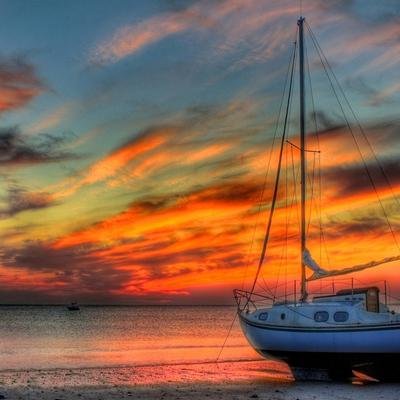 Sunset on The Beach View Sea boat fire sky - KDE Store