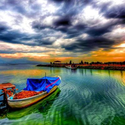 Sunset Lake Port Boat Boat In Water Waterfall - KDE Store