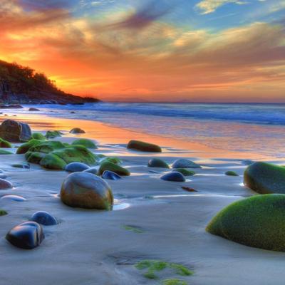Sunset Ocean Sandy Beach Rocks - KDE Store