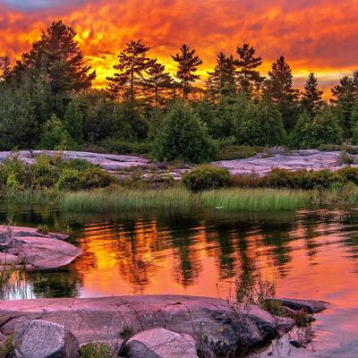 Lake Sunset Red Clouds Trees Stones - KDE Store