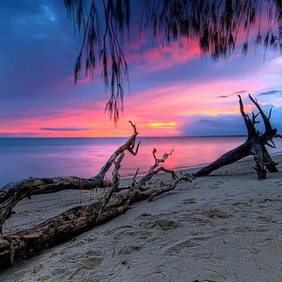 Pink sunset calm sea sandy beach - KDE Store