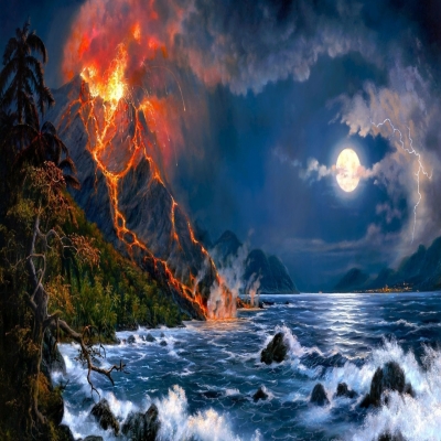 Eruption Of Volcano Sea Full Moon Fantasy Art Hd Wallpaper - KDE Store
