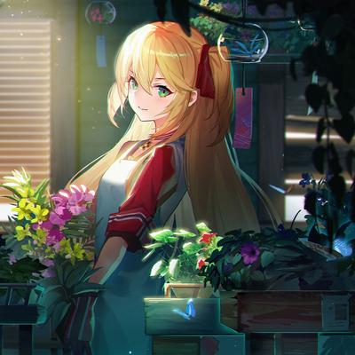 Blonde girl garden flowers - KDE Store