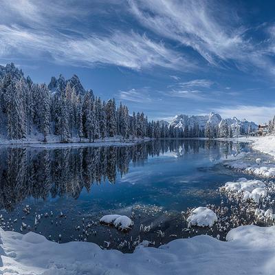 Winter Landscape Lake Reflection Pine Forest Trees With Snow - KDE Store