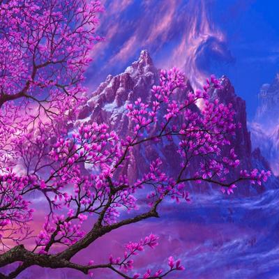 Cherry Blossom Spring Tree Purple Flowers Snow Mountain Peak - KDE Store