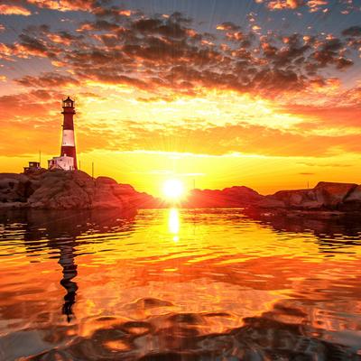Sunset Lighthouse Ocean Sea Rocks Stones Red Clouds - KDE Store