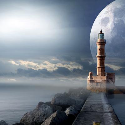 Fantasy Coast Beach Lighthouse Moon Art - KDE Store