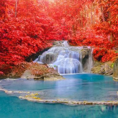 Red forest waterfall turquoise lake - KDE Store