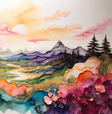 Alcohol ink landscape with mountains and flowers - KDE Store