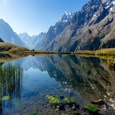 Snow Mountains Valley Lake Summer Nature Scene.. - KDE Store