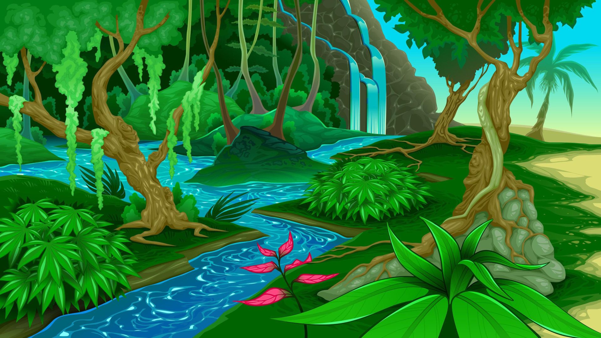 Jungle Tropical Rainforest Roots Tree River Waterfall Green - KDE Store