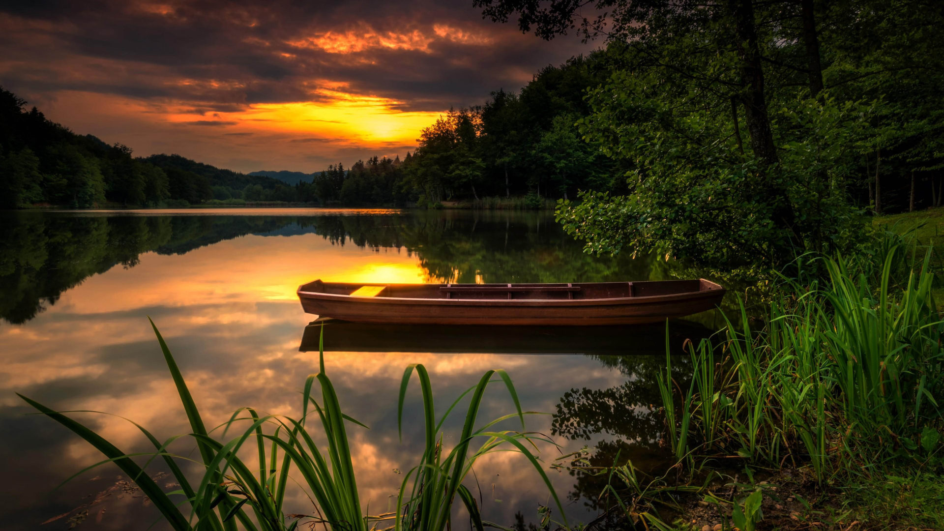 Landscape Nature Sunset Orange Sky Forest Lake Boat Green - KDE Store