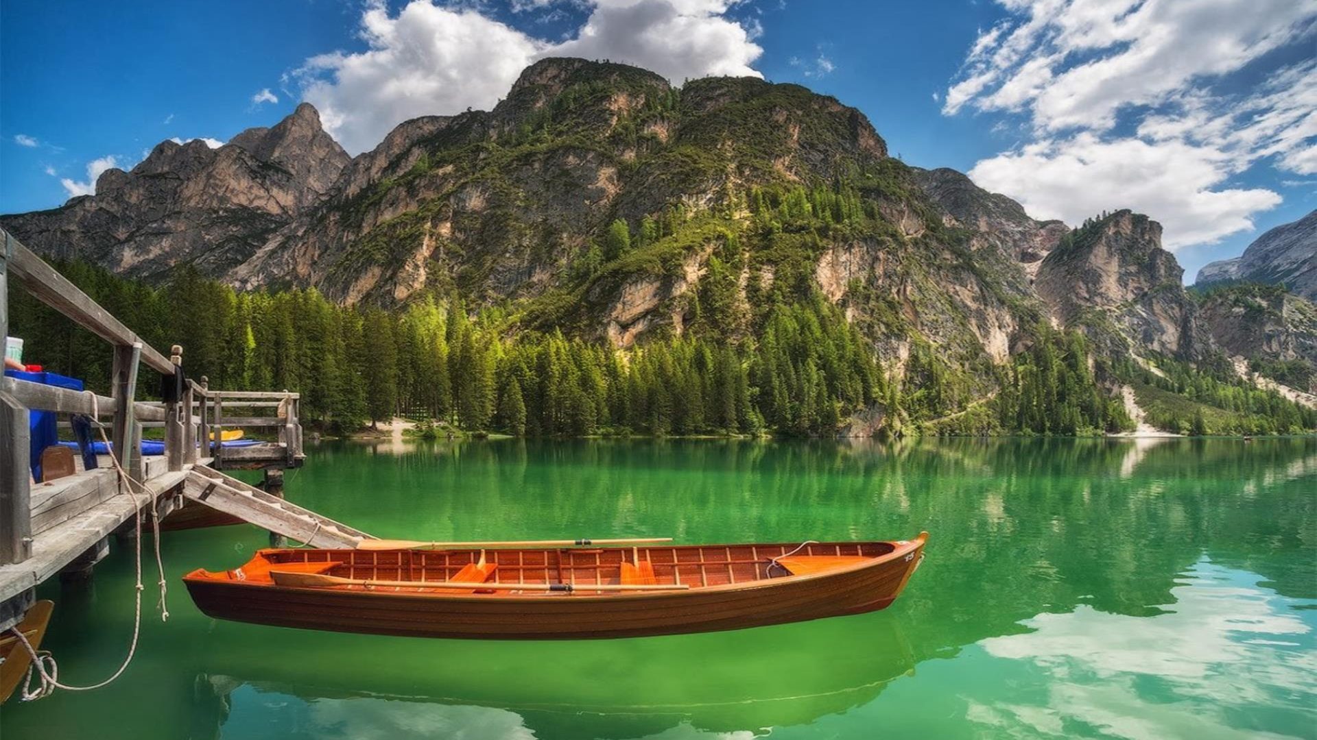 Pragser Wildsee Dolomites Italy Green Lake wooden platform - KDE Store