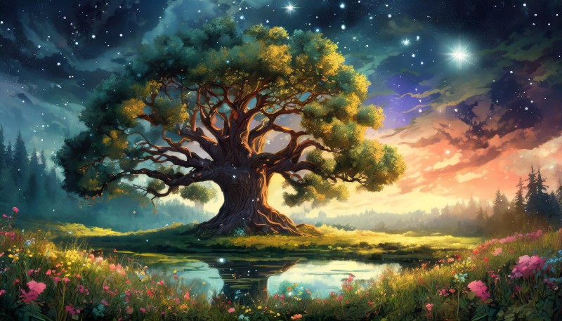 Oak tree in the meadow - magic night - KDE Store